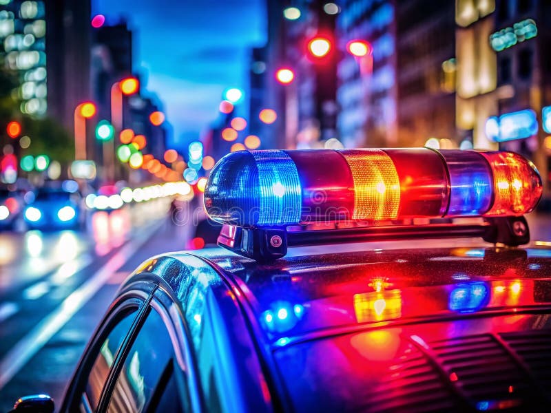 Intense Night Scene CloseUp of a Police Emergency Vehicles Flashing ...