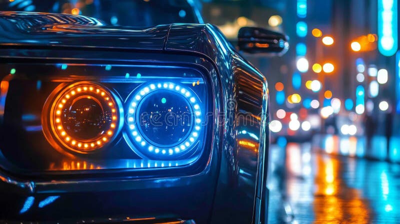 A Captivating Close-up of a Sleek Car Headlight at Night. the Vibrant ...