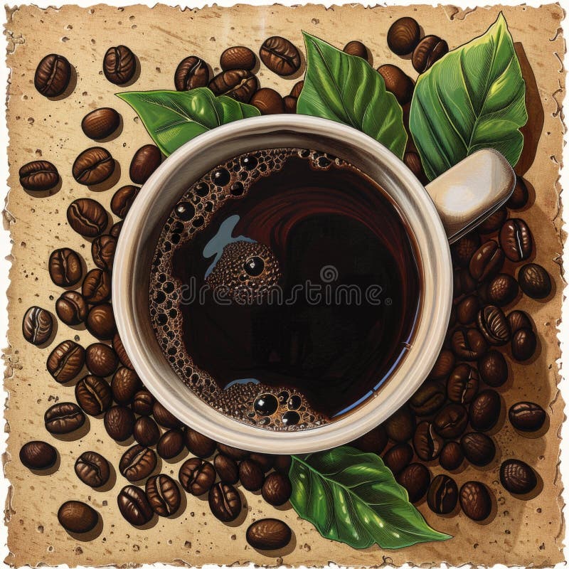 Captivating Coffee Art: Rich Brew with Leaf Accents and Coffee Beans ...