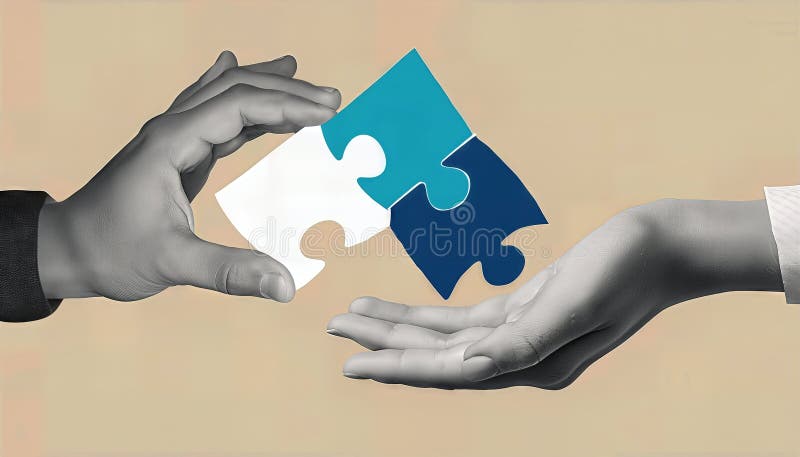 Creative Puzzle Collage Hands Connecting Puzzle Pieces in a Logic Game ...