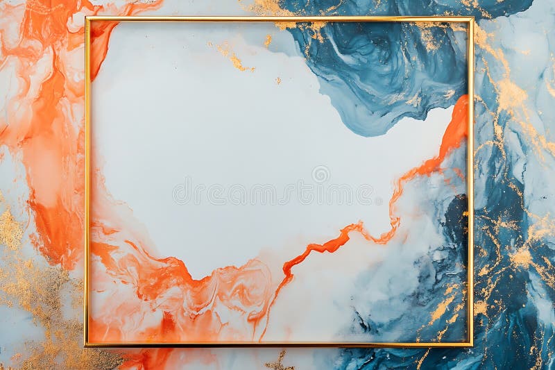 Abstract Orange Blue Marble Texture with Gold Frame, Modern Art ...
