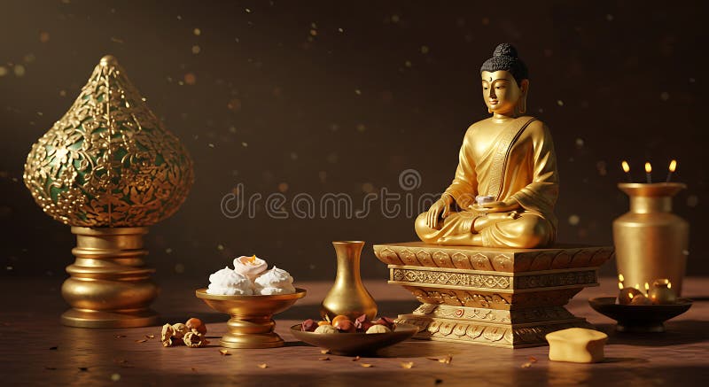 Serene Golden Buddha Statue and Ritual Objects Arrangement on a Wooden ...