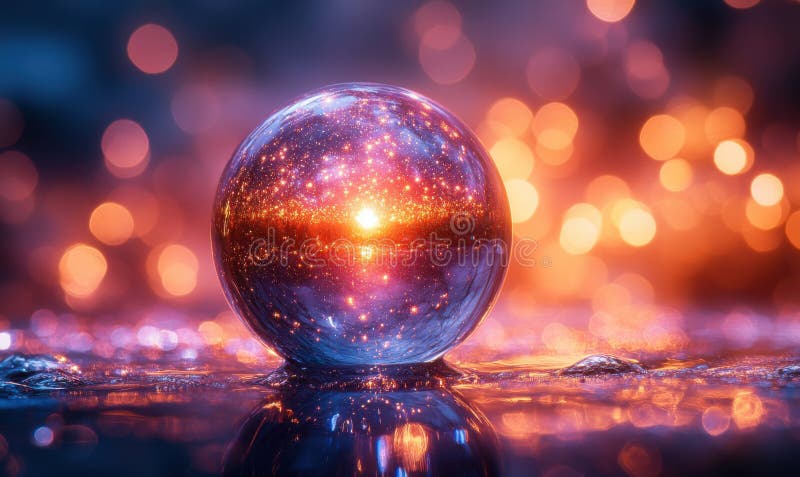 Captivating Cosmic Reflection in a Glass Sphere on a Glowing Surface ...