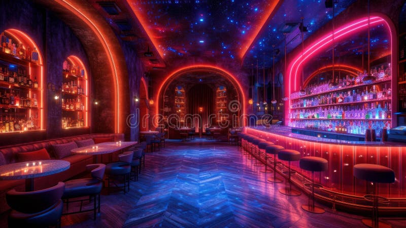Cosmic-Themed Bar with Neon Archways Stock Illustration - Illustration ...