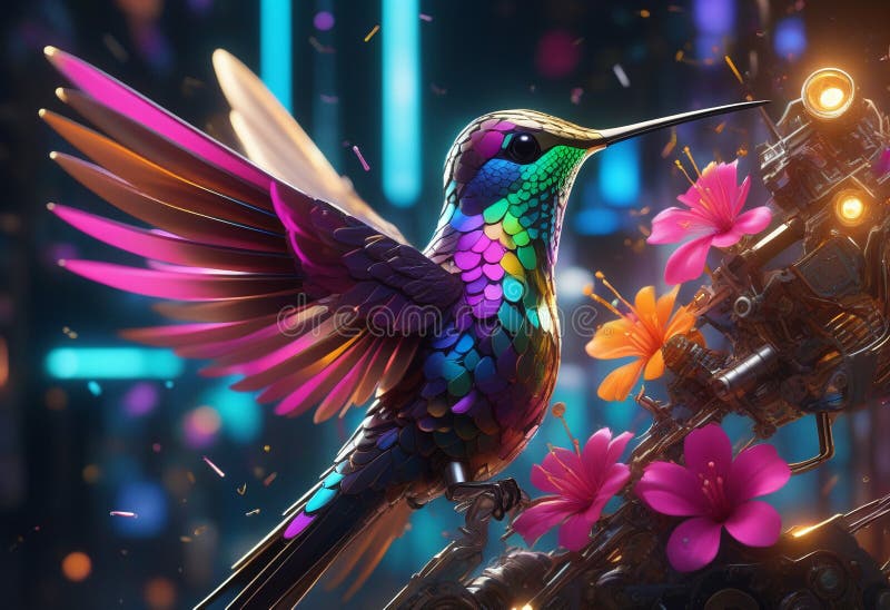 A Captivating Cyberpunk Encounter with a Mechanical Hummingbird Stock ...