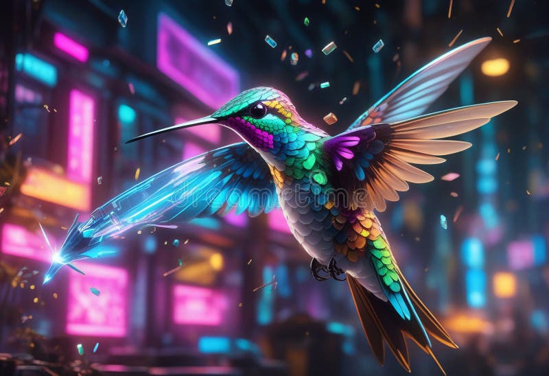 A Captivating Cyberpunk Encounter with a Mechanical Hummingbird Stock ...