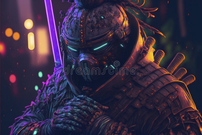 Cyberpunk Samurai in Futuristic Neon Suit, Illustration, Generative AI ...
