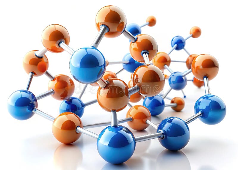 3D Molecular Structure Silhouette Blue Orange and White Spheres and ...