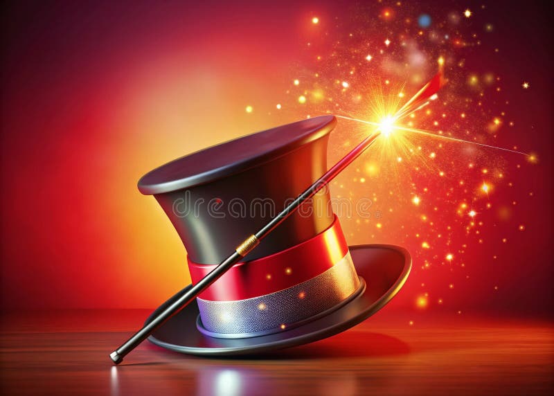 A Captivating 3D Render Magicians Hat and Wand Against a Bold Red ...