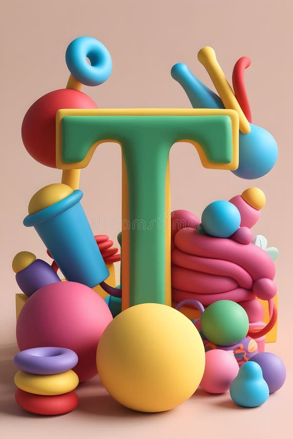 3D Render of Playful Letter T Surrounded by Colorful CGI Objects in ...