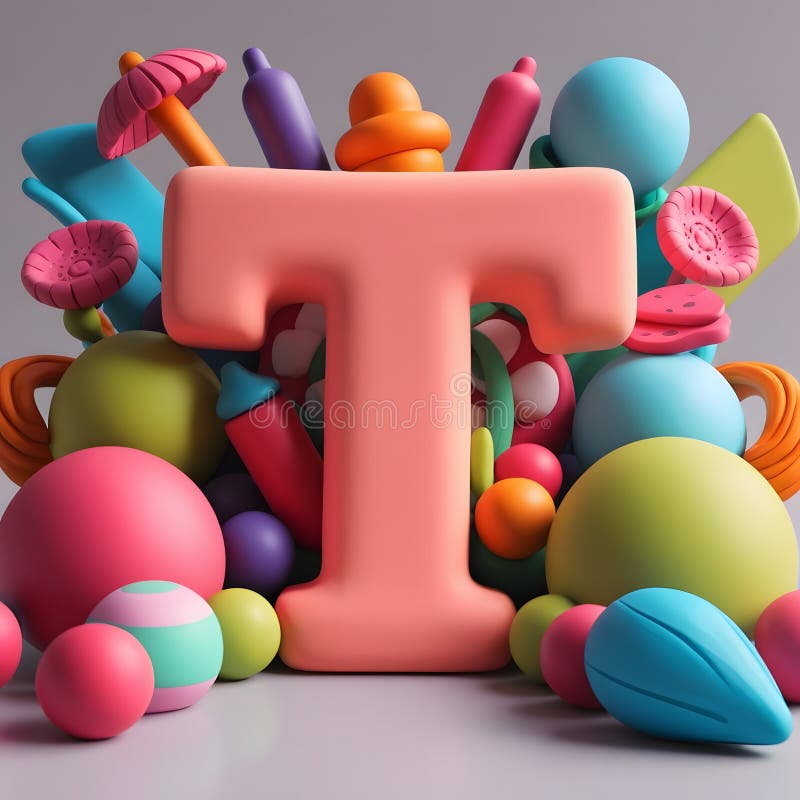 3D Render of Playful Letter T Surrounded by Colorful CGI Objects in ...