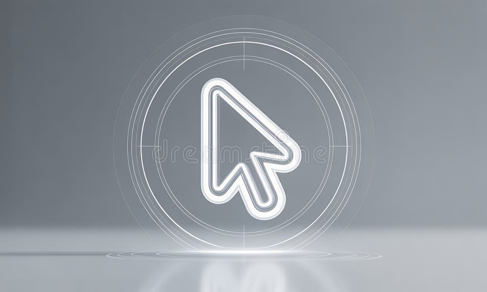 Simple White Arrow Cursor Inside Dotted Circle in 3D Render on Neutral Gradient Background for ...