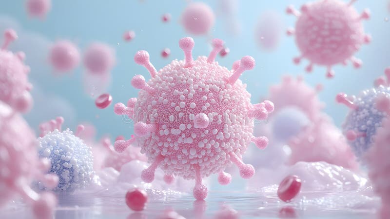 Microscopic View of Pink and White Virus Particles in Fluid 3D Render ...