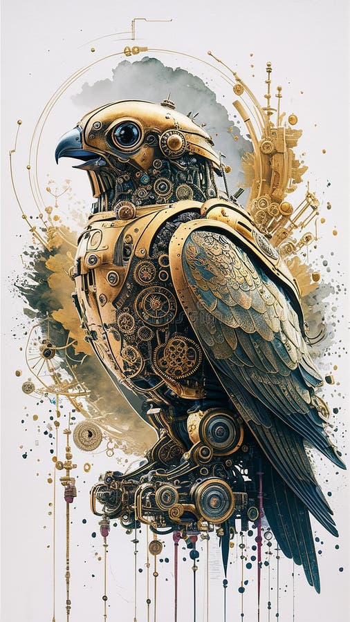 A Captivating 3D Render of a Steampunk-inspired Brass Robot Falcon ...