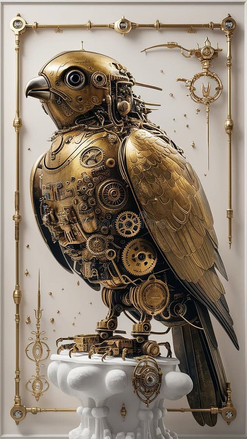 A Captivating 3D Render of a Steampunk-inspired Brass Robot Falcon ...