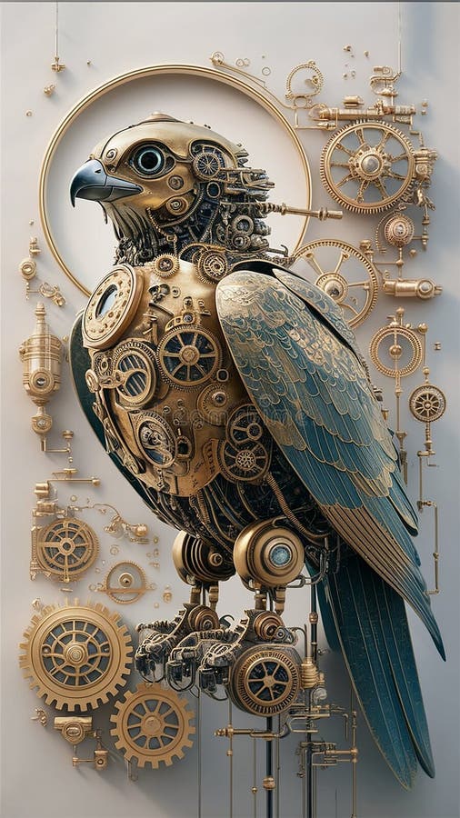 A Captivating 3D Render of a Steampunk-inspired Brass Robot Falcon ...