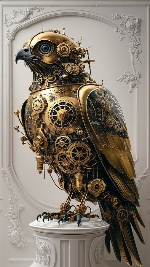 A Captivating 3D Render of a Steampunk-inspired Brass Robot Hawk Stock ...