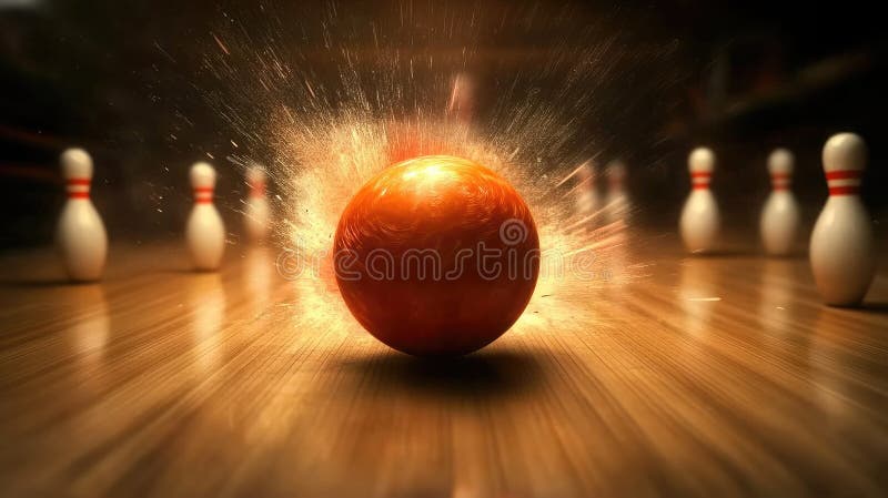 Vibrant Bowling Ball Rolling Down Lane Towards Pins in Motion. Stock ...