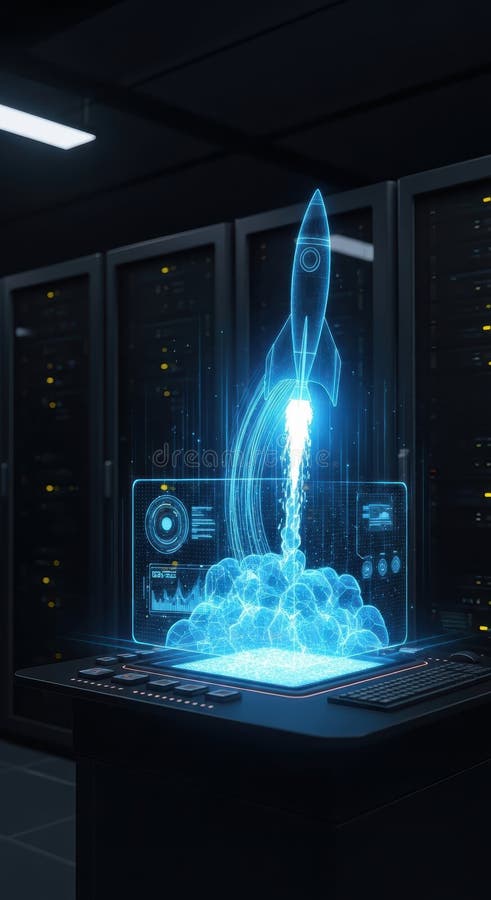 Digital Rocket Launch from Futuristic Server Console Stock Image ...