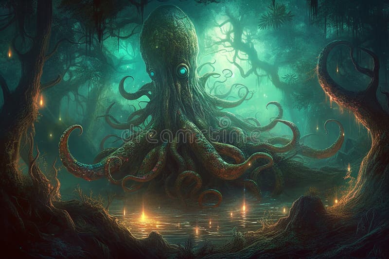 Ai Generative Fantasy Landscape with Octopus in the Dark Forest. 3D ...