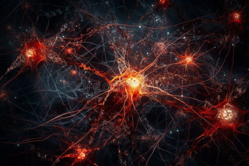 3d Rendering of Neuron Cells with Glowing Particles in Dark Space ...
