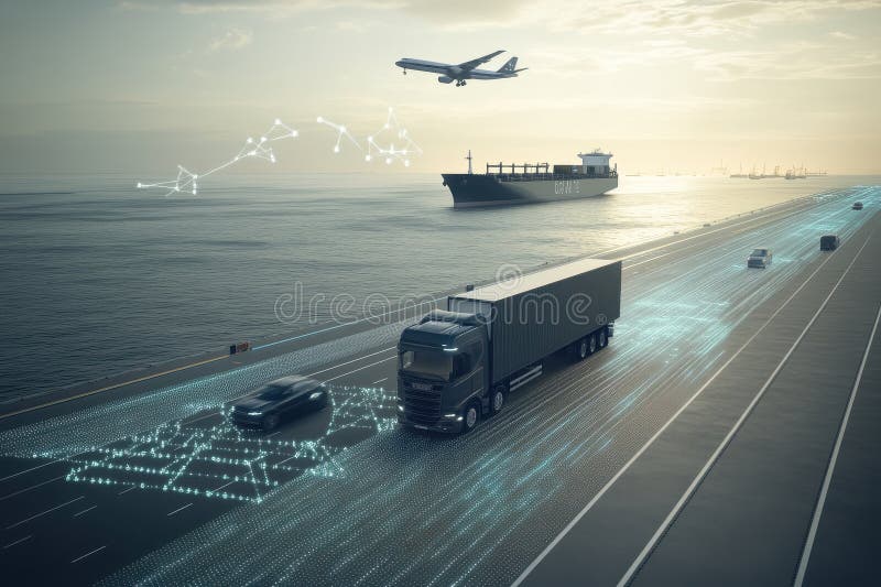 Trucks Driving on Digital Grid with Cargo Ship and Airplane Backdrop ...