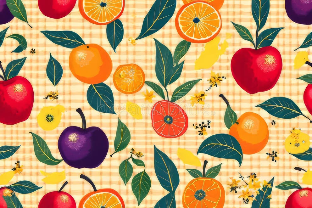 Vibrant Citrus Fruit Pattern on a Classic Gingham Background Seamless ...