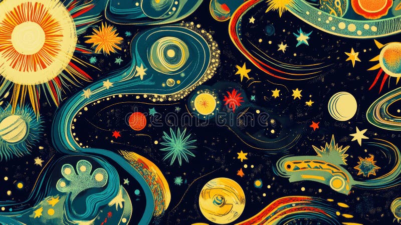 Vibrant Ethnic Textile Pattern Featuring Space Motifs and Traditional ...