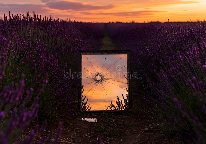Broken Mirror in Lavender Field at Sunset - Aesthetic Desktop Wallpaper ...