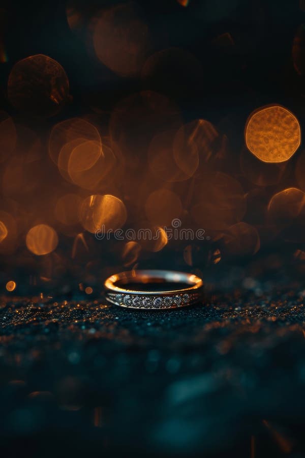 Captivating Diamond Ring with a Warm Glow on a Sparkling Dark Surface ...