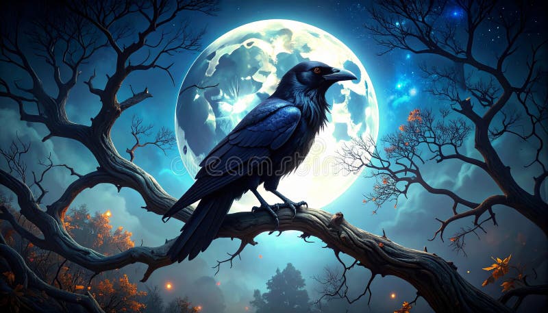 A Mystical Raven Perched on a Branch with a Full Moon and Dramatic ...