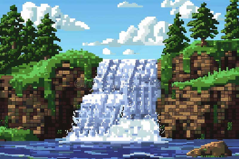 Pixelated Waterfall Cascading Over Lush Green Cliffs in a Stunning ...