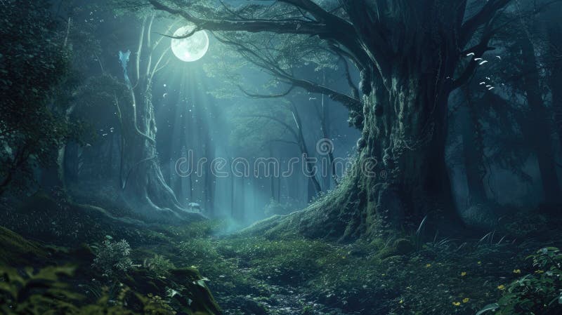 Enchanted Forest Scene with Mystical Moonlight. Resplendent. Stock ...