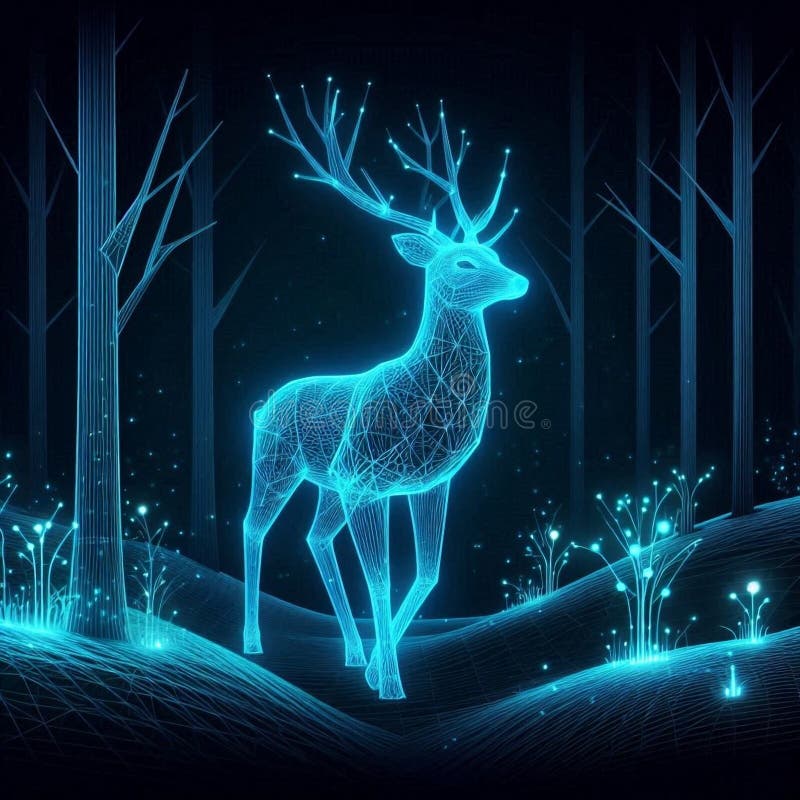 Neon Deer Forest: Glowing Wireframe Deer in a Dark Woodland Landscape ...