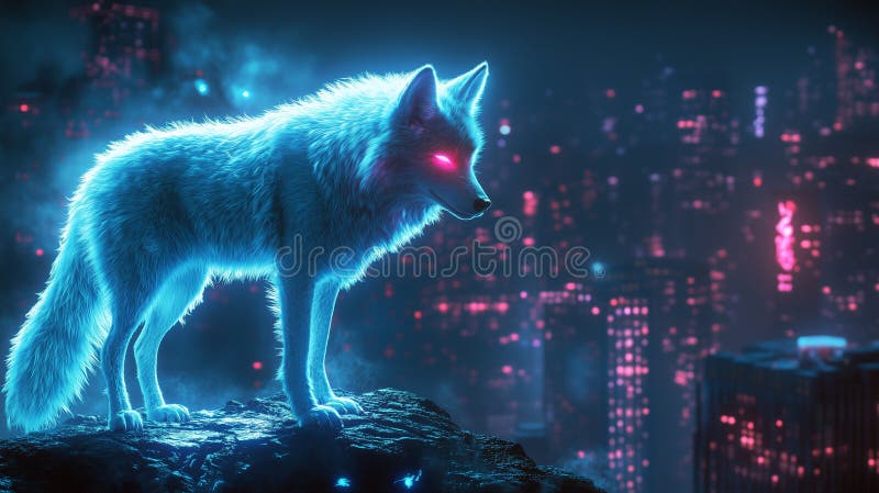 Neon-Glowing Wolf with Blue Eyes Standing Over a Cyberpunk City in Neon ...