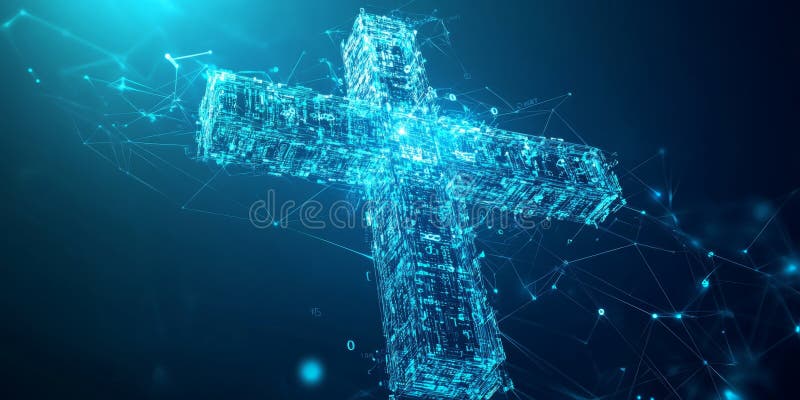 Digital Cross in Blue Light with Futuristic Data Visualization Effects ...