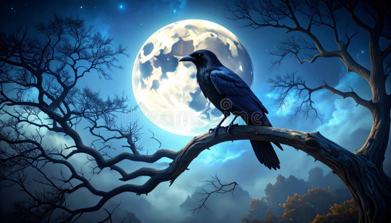 A Majestic Raven Perched on a Tree Branch Under a Full Moon on a Clear ...