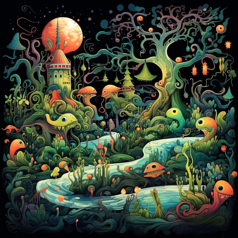 Enchanted Forest: Vibrant Abstract Monsters and Creatures Floating in ...