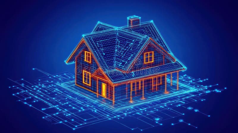 Futuristic Digital House Blueprint with Neon Lines and Data Structure ...