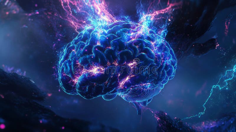 Digital Illustration of Human Brain Surface with Neon Effects Stock ...