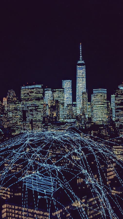Digital Network Visual Above City with Neon Net Effect Stock ...