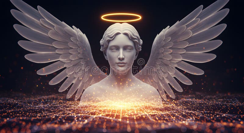 Angelic Sculpture with Halo and Celestial Wings on Glowing Grid Stock ...