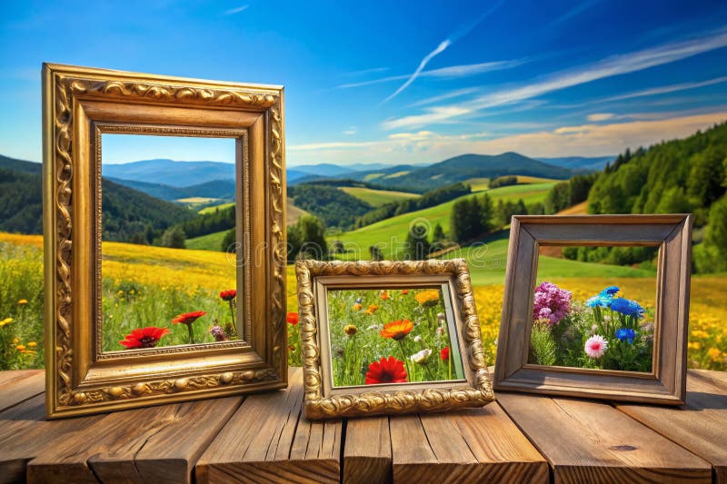Rustic Wooden Table Decorated with Empty Picture Frames Featuring a ...