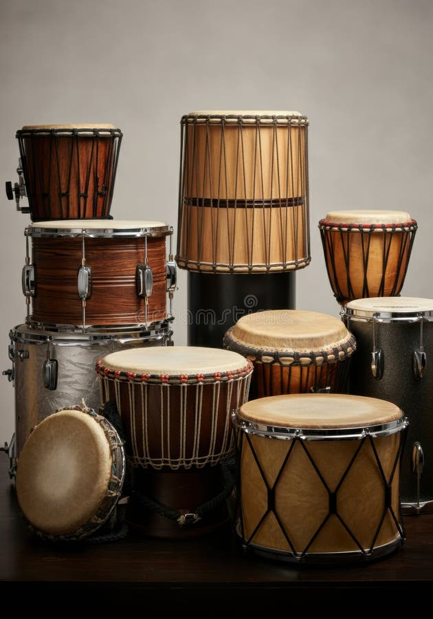 A Collection of Various Drums Arranged Artistically on a Wooden Surface ...