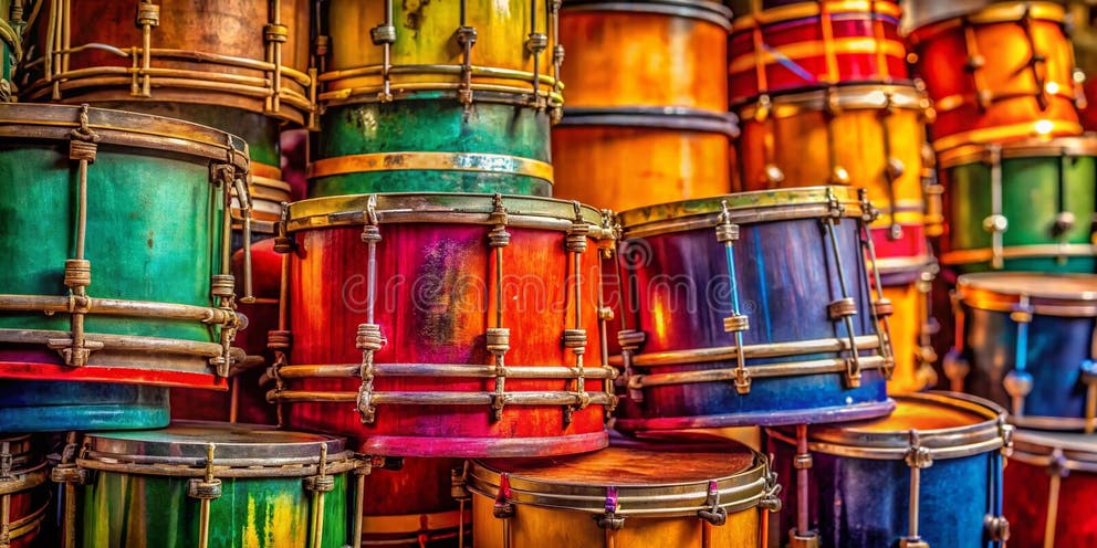 Colorful Percussion Display a Vibrant Stack of Drums Ready for Action ...
