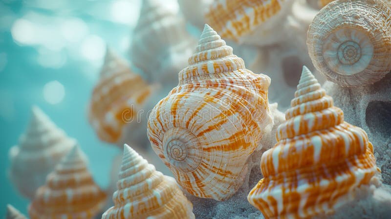 Seashells Collection Underwater with Orange Stripes and Blue Background ...