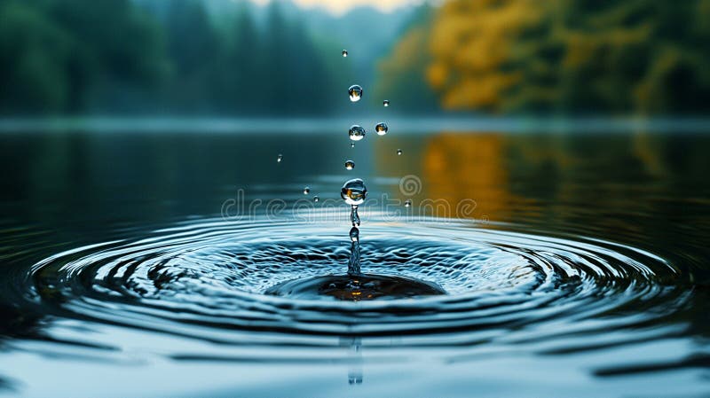 Water Drop Impact Creating Ripples on Calm Lake Surface Isolated on ...