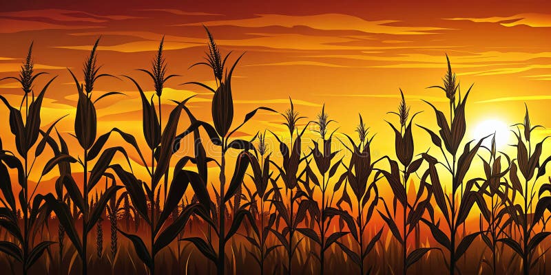 Sunset Cornfield Silhouette a Charming Doodle Illustration of a ...