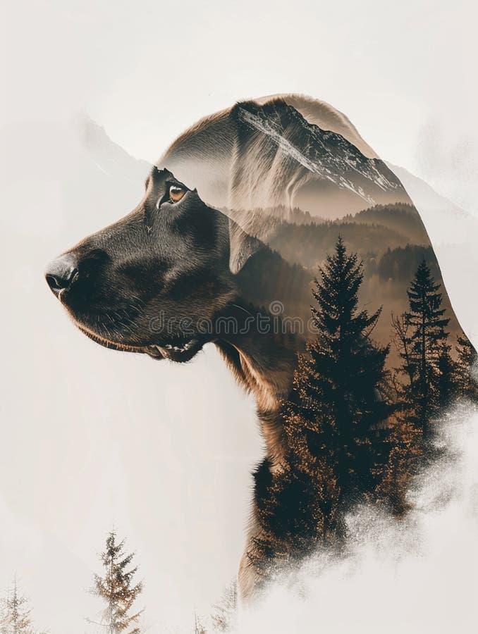 Elegant Labrador with Mountain and Forest Double Exposure Stock Image ...