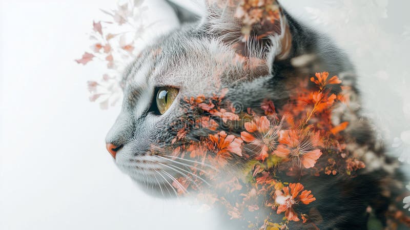 A Captivating Double Exposure Image Featuring the Profile of a Gray Cat ...